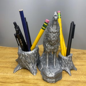 Gray Wolf Pen & Pencil Holder – Unique Desk Organizer Glossy Shiny ...