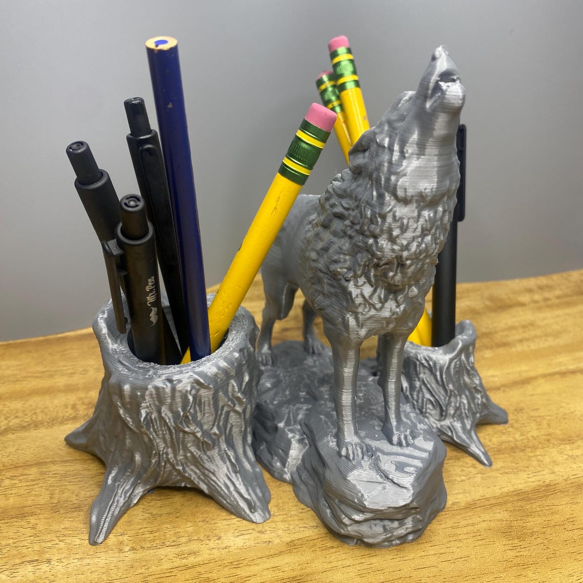 Gray Wolf Pen & Pencil Holder – Unique Desk Organizer Glossy Shiny ...
