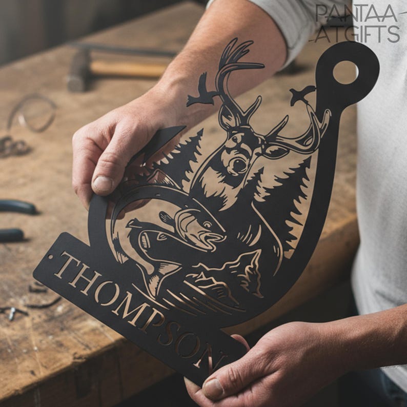 Personalized Deer & Fish Metal Wall Sign, Family Name Outdoor Decor ...