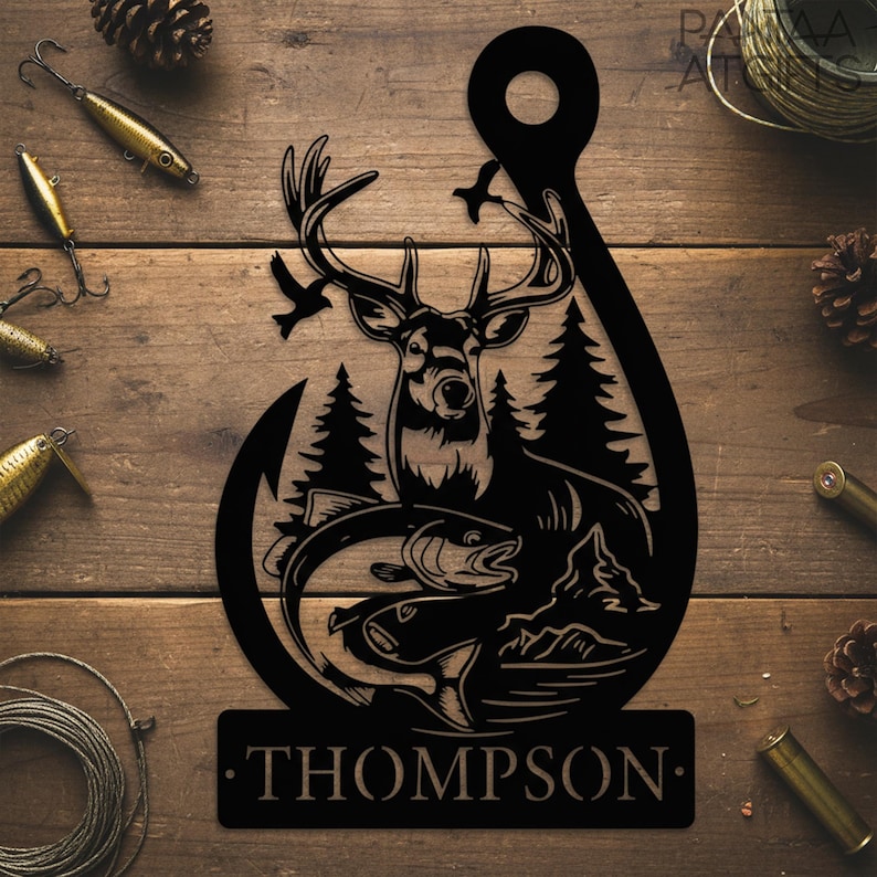 Personalized Deer & Fish Metal Wall Sign, Family Name Outdoor Decor ...
