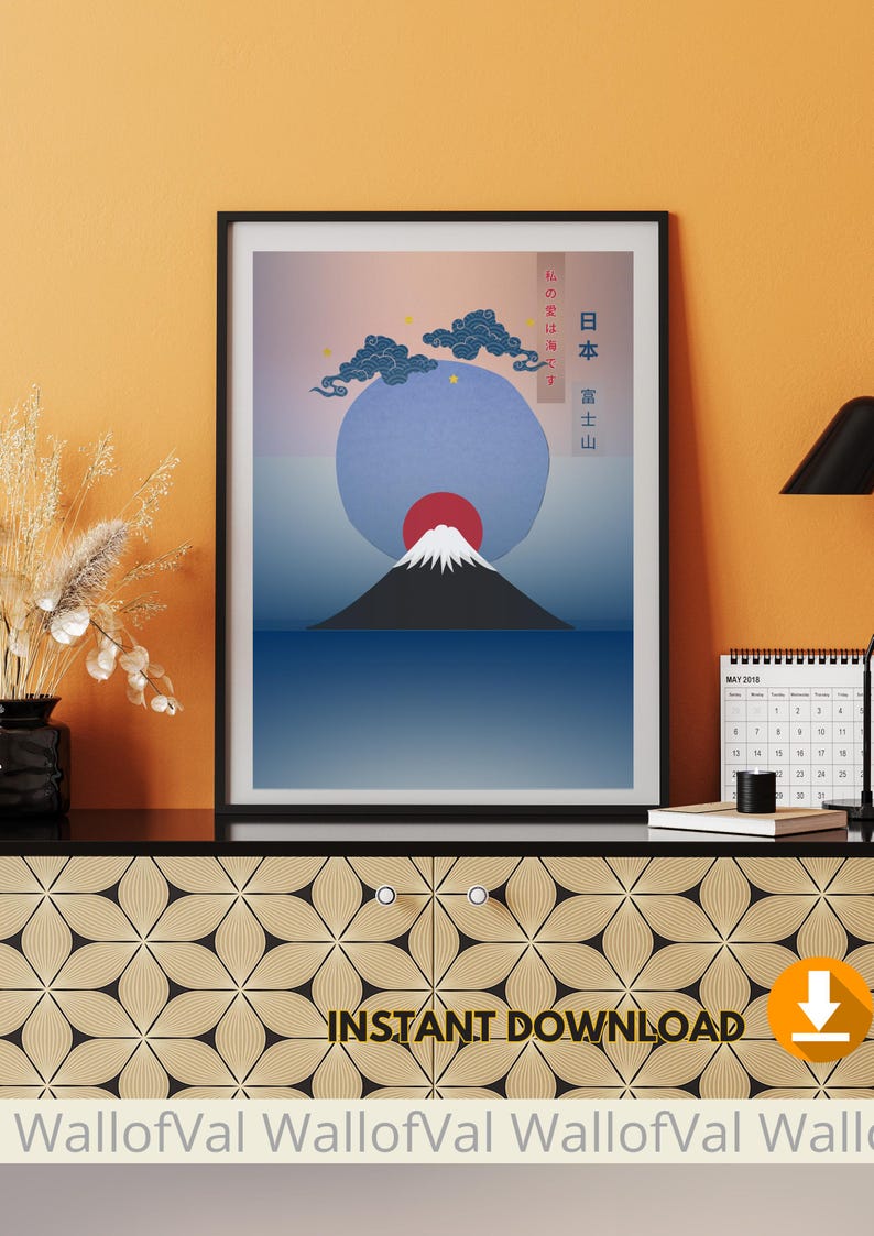 Japanese Art, Mount Fuji, Digital Poster to Download, in Blue Tones ...