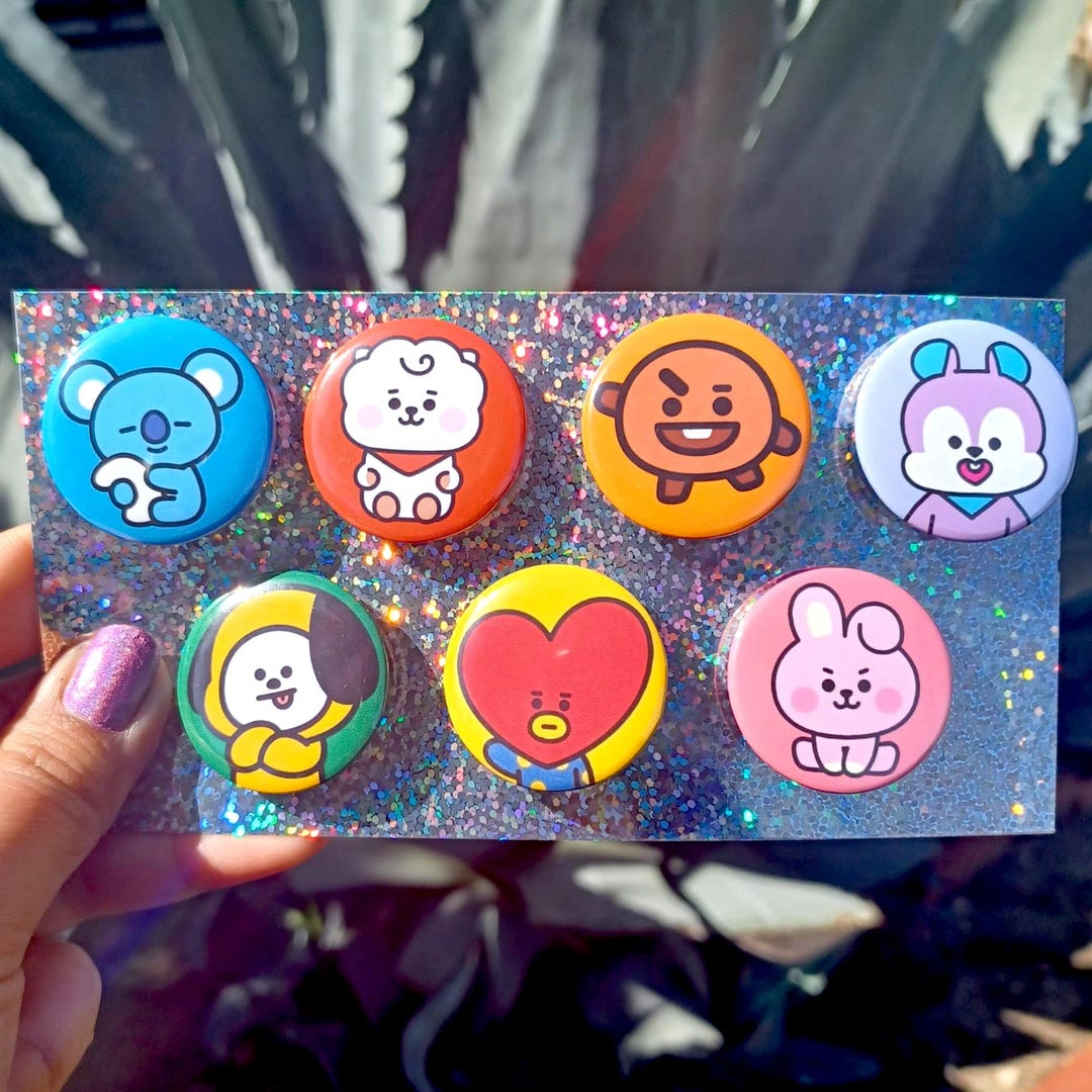 BTS BT21 Rainbow Holographic Glossy Metal 1.25 Inch Buttons KPOP Set of ...