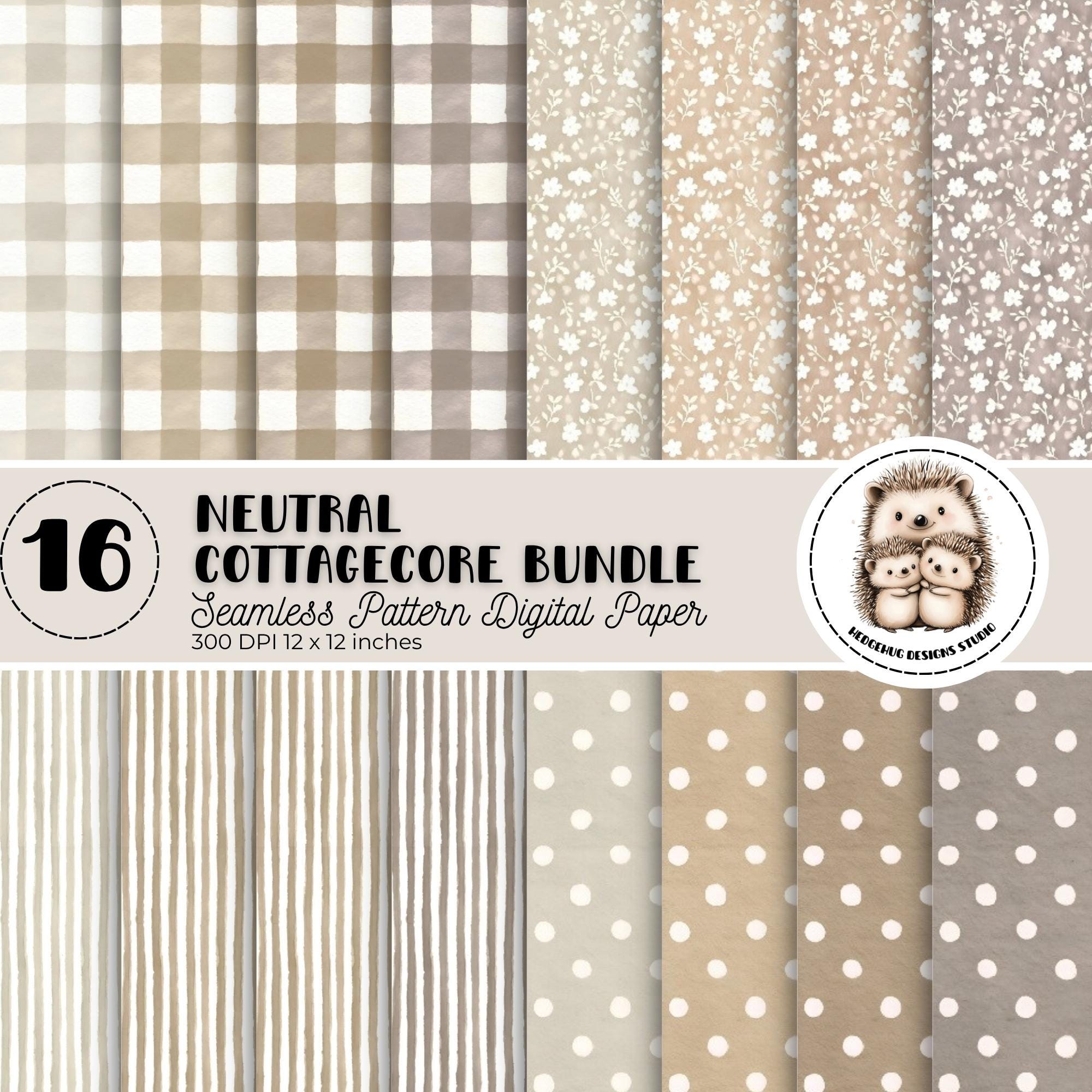 Neutral Cottagecore Digital Paper Pack: Gingham, Floral, Dots, Stripes ...