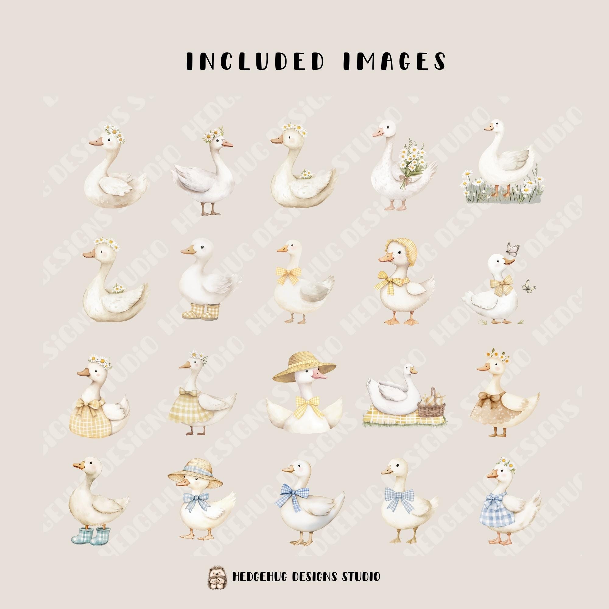 Gingham Goose Garden Clipart, Cute Watercolor Daisy Geese PNG, Blue ...