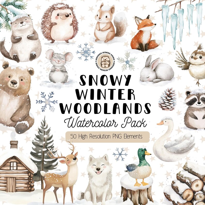 Snowy Winter Woodland Animals Clipart, Watercolor Forest Animal PNG Set ...