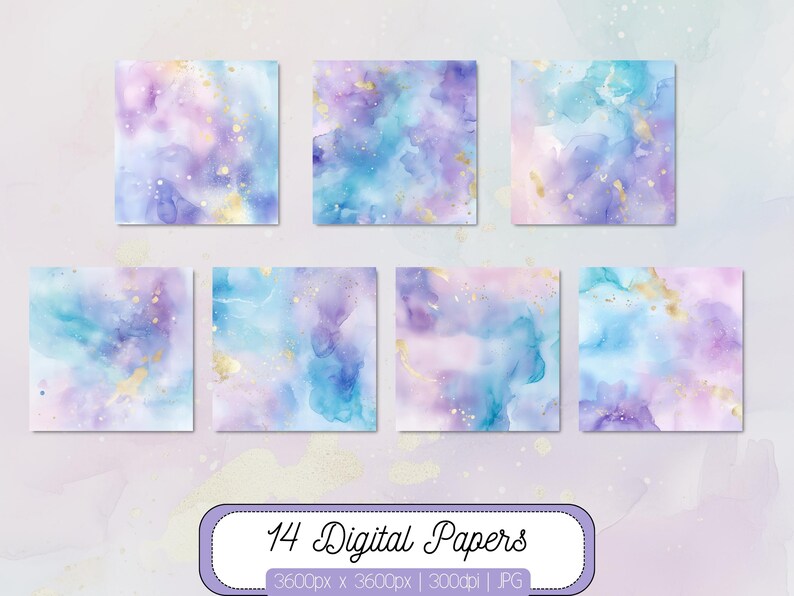 Pastel Blue & Purple Watercolor Digital Paper, Gold Foil Textures ...