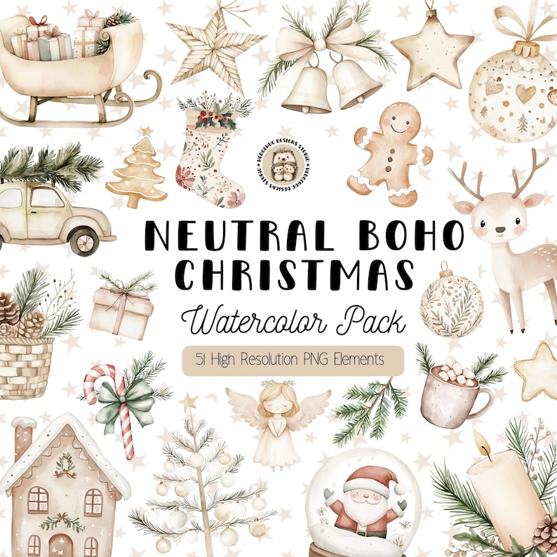Neutral Boho Christmas Clipart – Watercolor PNG Set for Holiday Crafts ...
