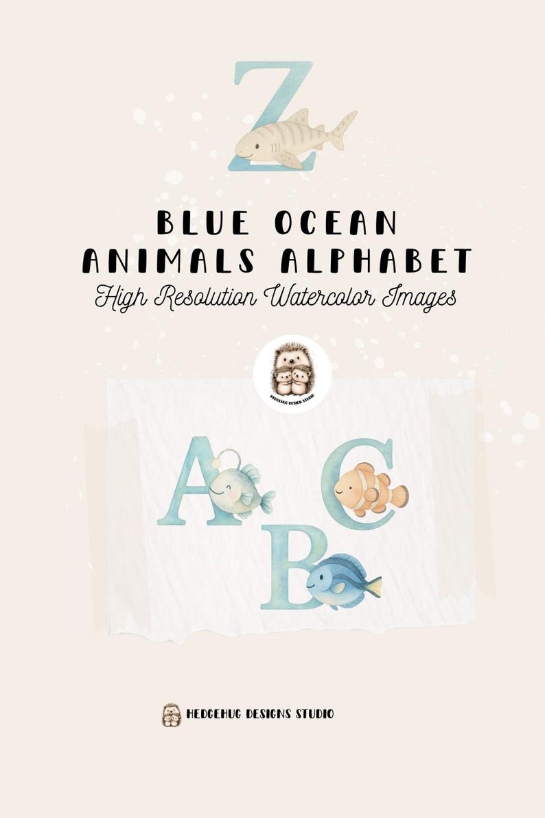 Blue Ocean Animals Alphabet Clipart, Watercolor Sea Creatures ABC ...
