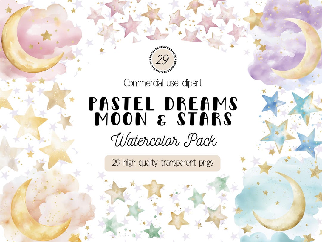 Pastel Watercolor Moon & Stars Clipart, Whimsical Clouds, Celestial ...