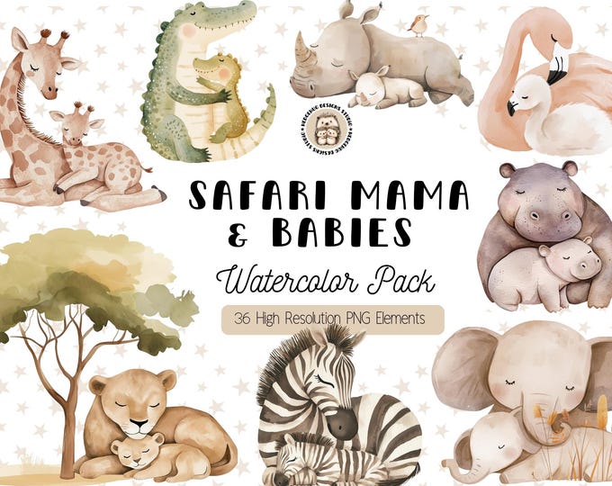 10 Watercolor Animal Mother and Baby Clipart Mothers Day Clipart High ...