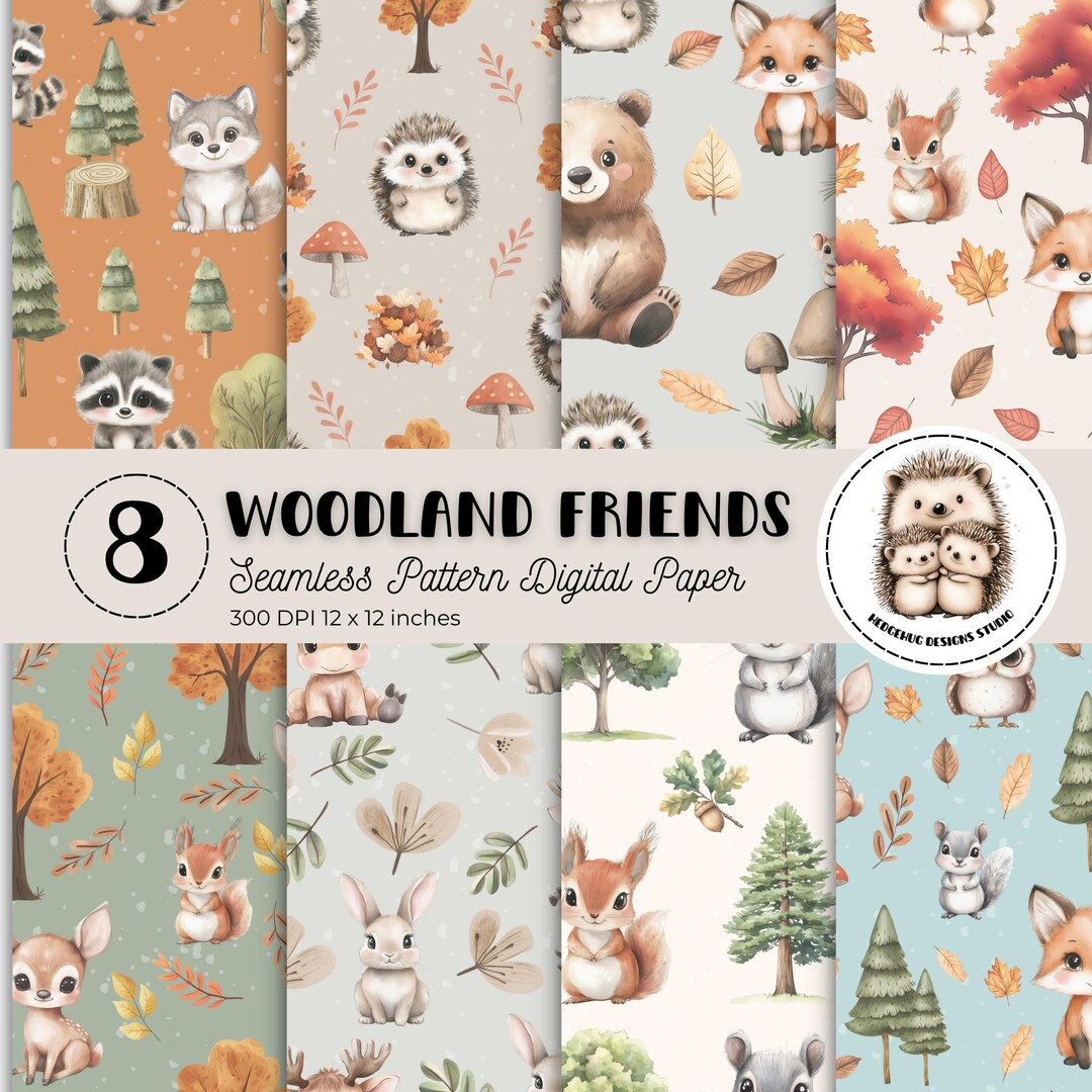 Woodland Animals Seamless Digital Paper, Cute Forest Animal Patterns ...