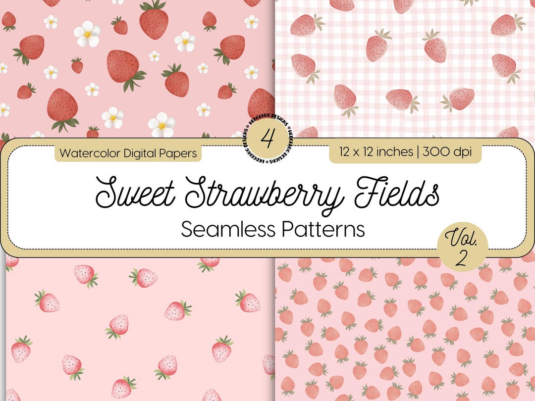 Cute Strawberry Seamless Patterns, Watercolor Strawberry Digital Papers ...