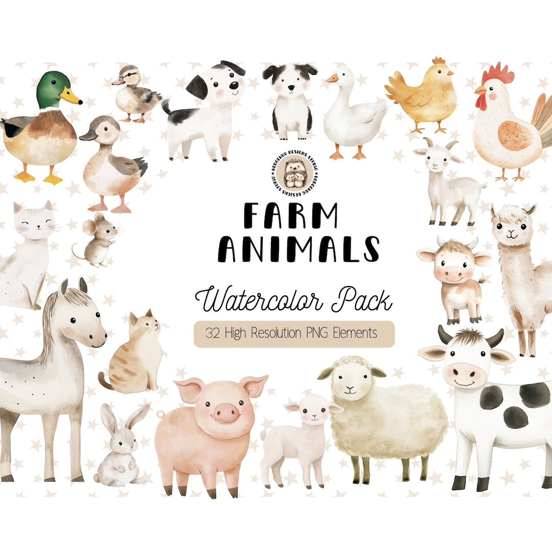 Farm Animals Watercolor Clipart, Cute Cow, Cute Goose, Farm Animal PNG ...