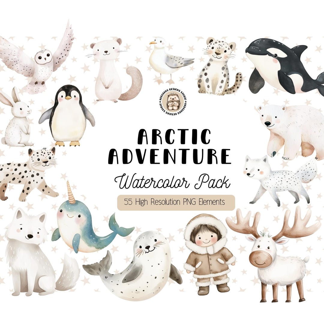 Arctic Animals Watercolor Clipart, Cute Winter Animal PNG, Polar ...