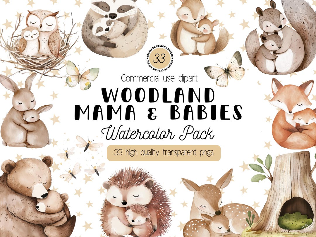 Woodland Mama & Babies Watercolor Clipart, Cute Forest Animal Pngs ...