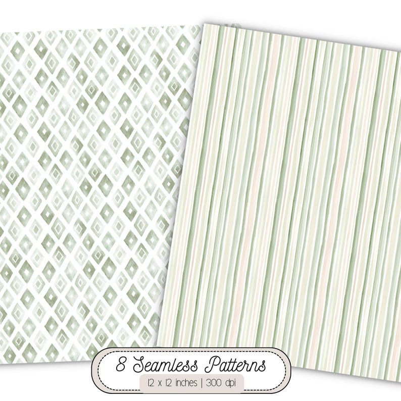 Sage Green Watercolor Digital Paper Bundle | 8 Gender Neutral Seamless ...