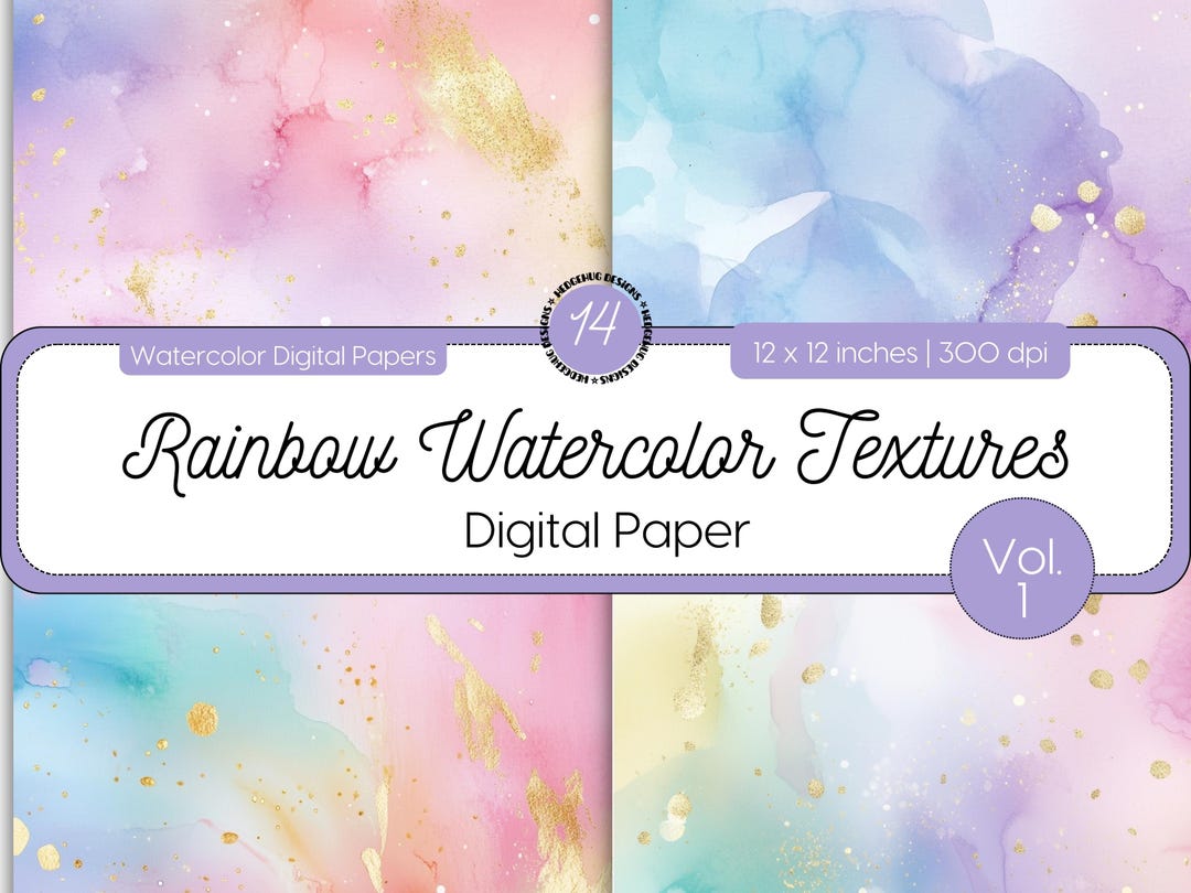 Pastel Rainbow Watercolor Digital Paper, Gold Foil Textures, Alcohol ...