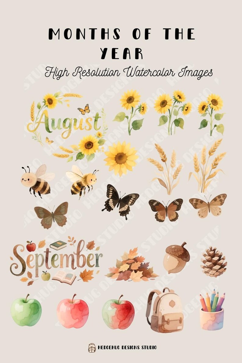 Months of the Year Clipart – Watercolor Seasonal PNG Set for Calendars ...