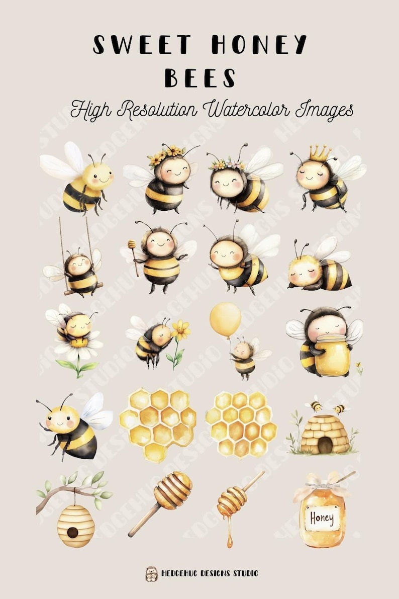 Sweet Honey Bee Clipart Pack, Cute Bees Watercolor Pngs, Nursery ...