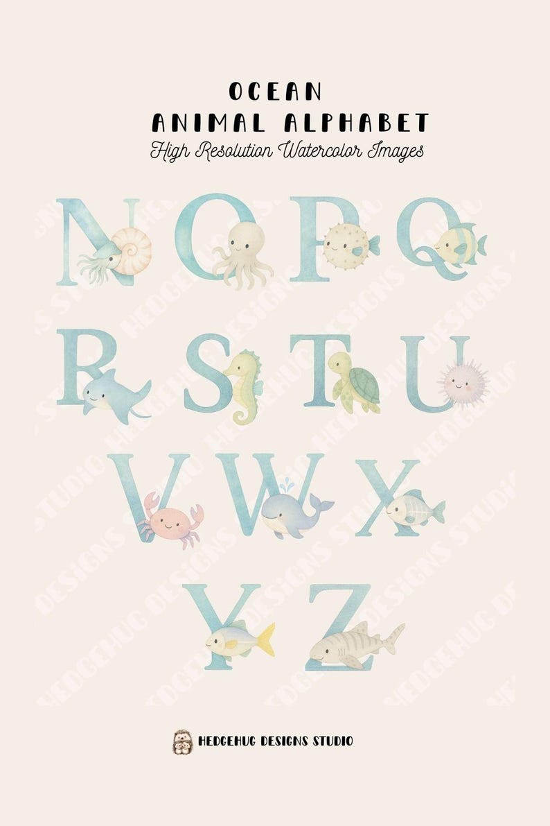 Ocean Animals Alphabet Clipart, Underwater Watercolor Letters PNG ...