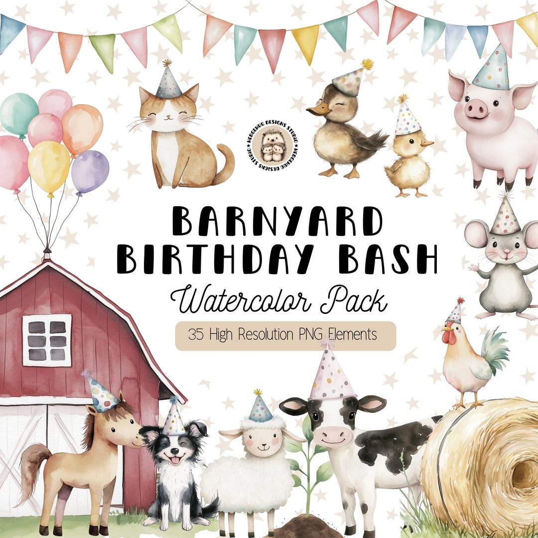 Farm Animals Clipart, Birthday Baby Animals, Cute Watercolor Farm ...