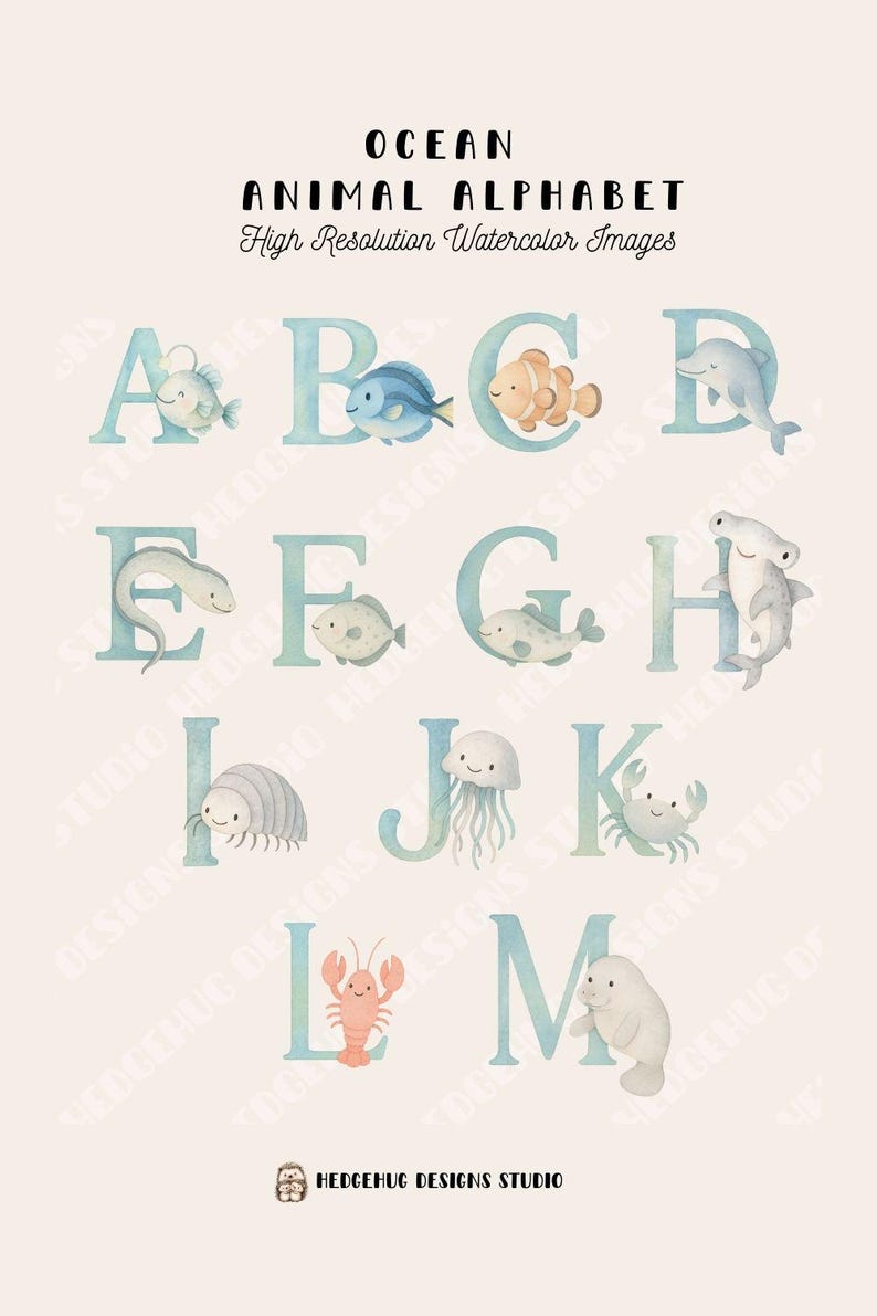 Ocean Animals Alphabet Clipart, Underwater Watercolor Letters PNG ...