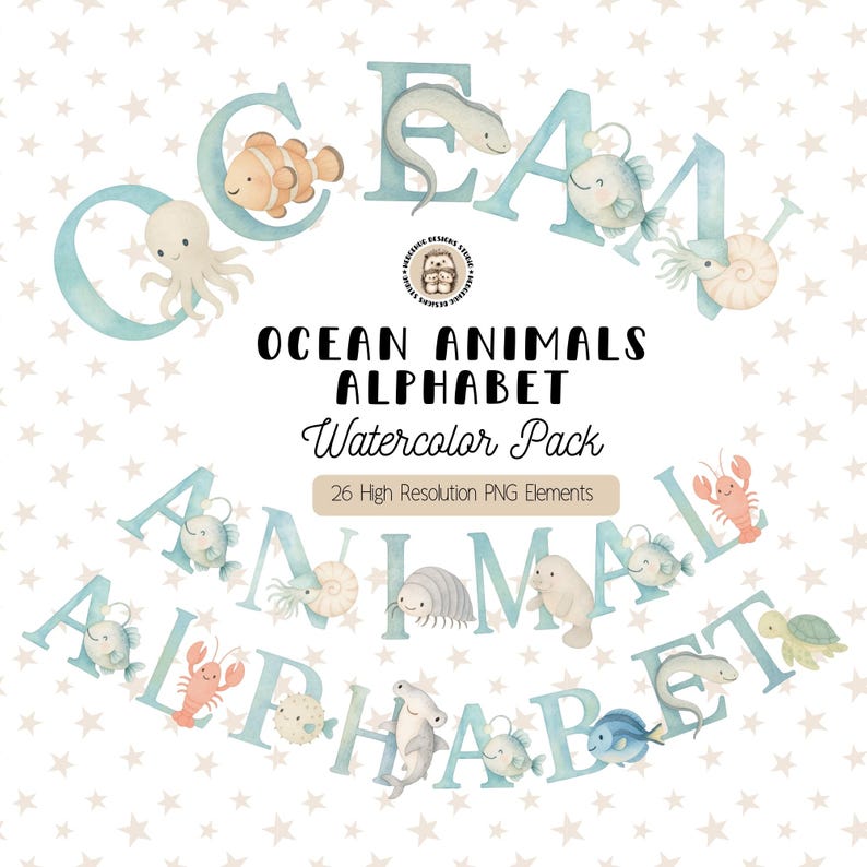 Ocean Animals Alphabet Clipart, Underwater Watercolor Letters PNG ...