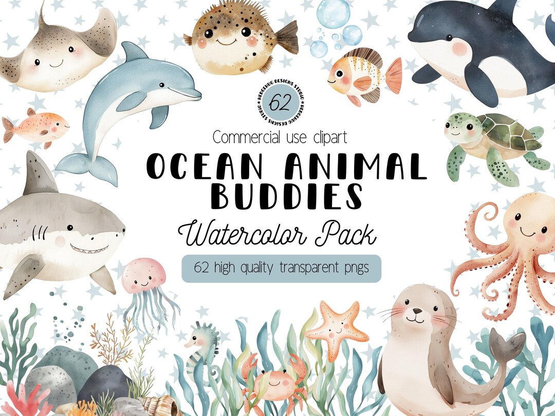 Watercolor Sea Life Clipart Bundle, Cute Ocean Animals Clipart Pack ...