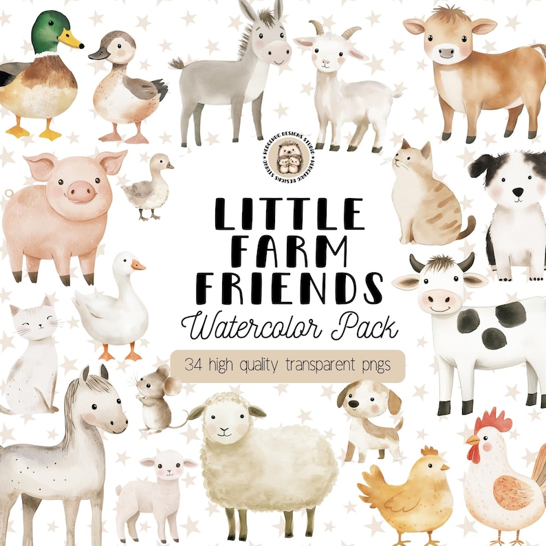 Farm Animals Watercolor Clipart, Cute Cow, Cute Goose, Farm Animal PNG ...