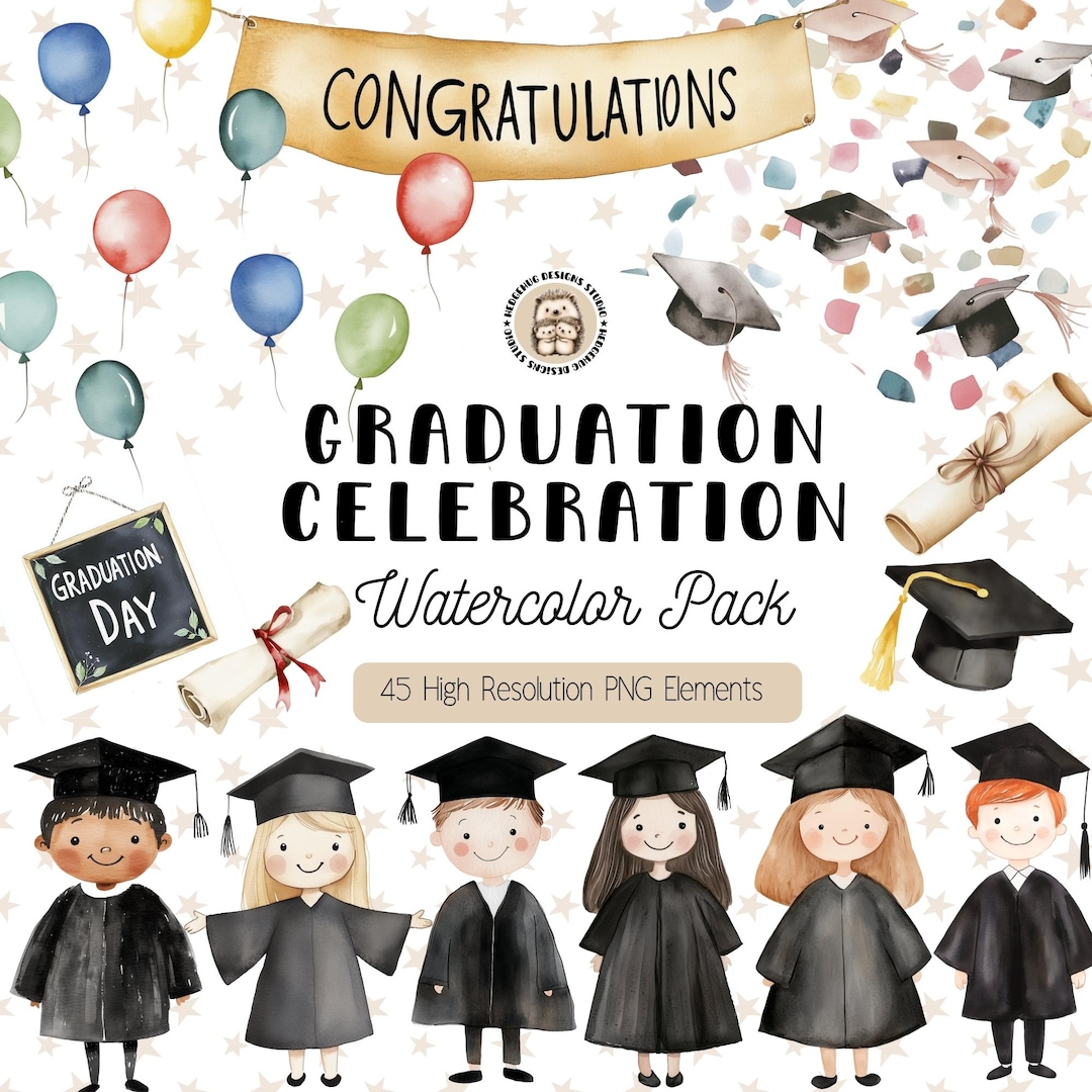 Cute Graduation Clipart Bundle, Watercolor Graduates PNG, Graduation ...