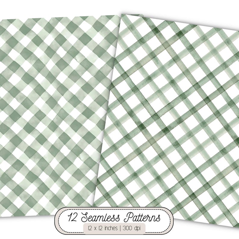 Watercolor Sage Gingham Digital Paper, Green Plaid Seamless Pattern ...