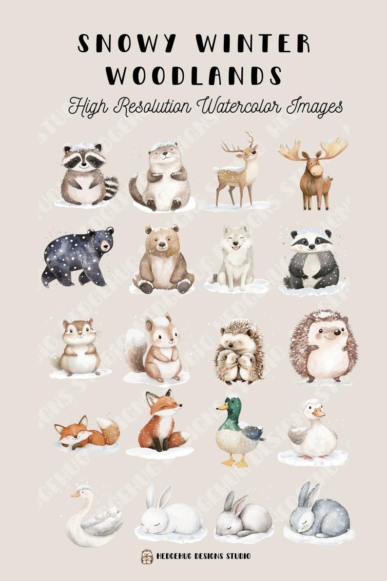 Snowy Winter Woodland Animals Clipart, Watercolor Forest Animal PNG Set ...