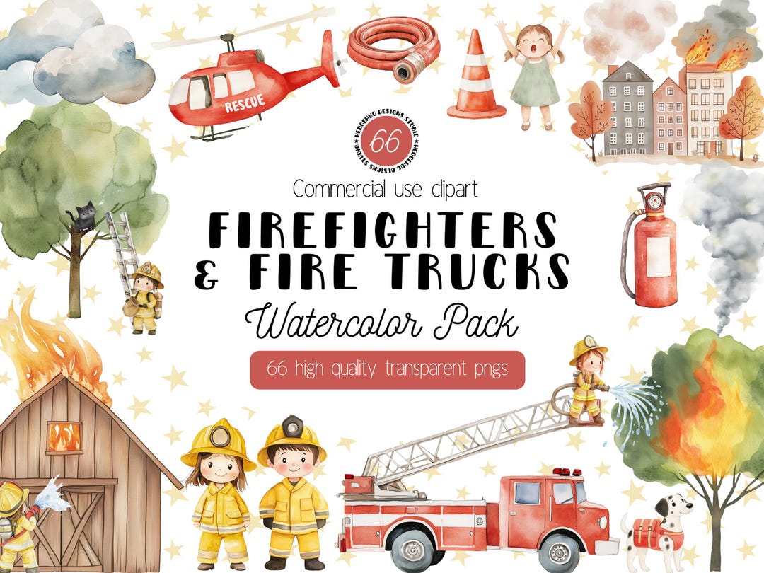 Firefighter Watercolor Clipart, Fire Truck PNG, Fire Engine Digital ...