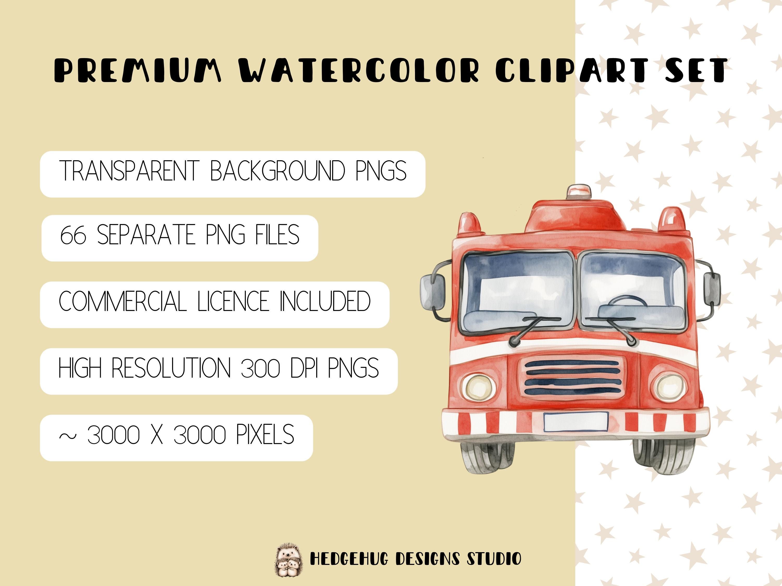 Firefighter Watercolor Clipart, Fire Truck PNG, Fire Engine Digital ...