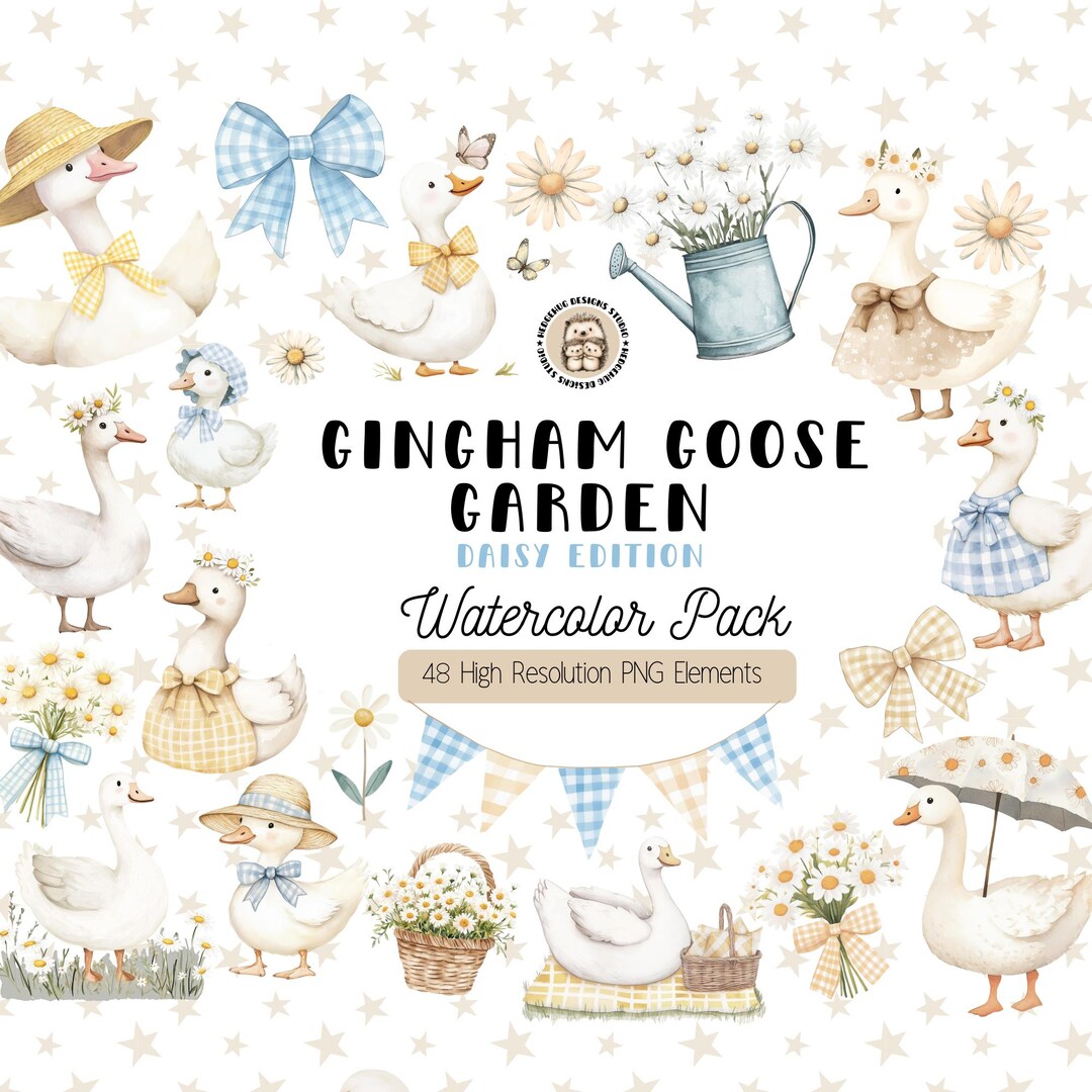 Gingham Goose Garden Clipart, Cute Watercolor Daisy Geese PNG, Blue ...