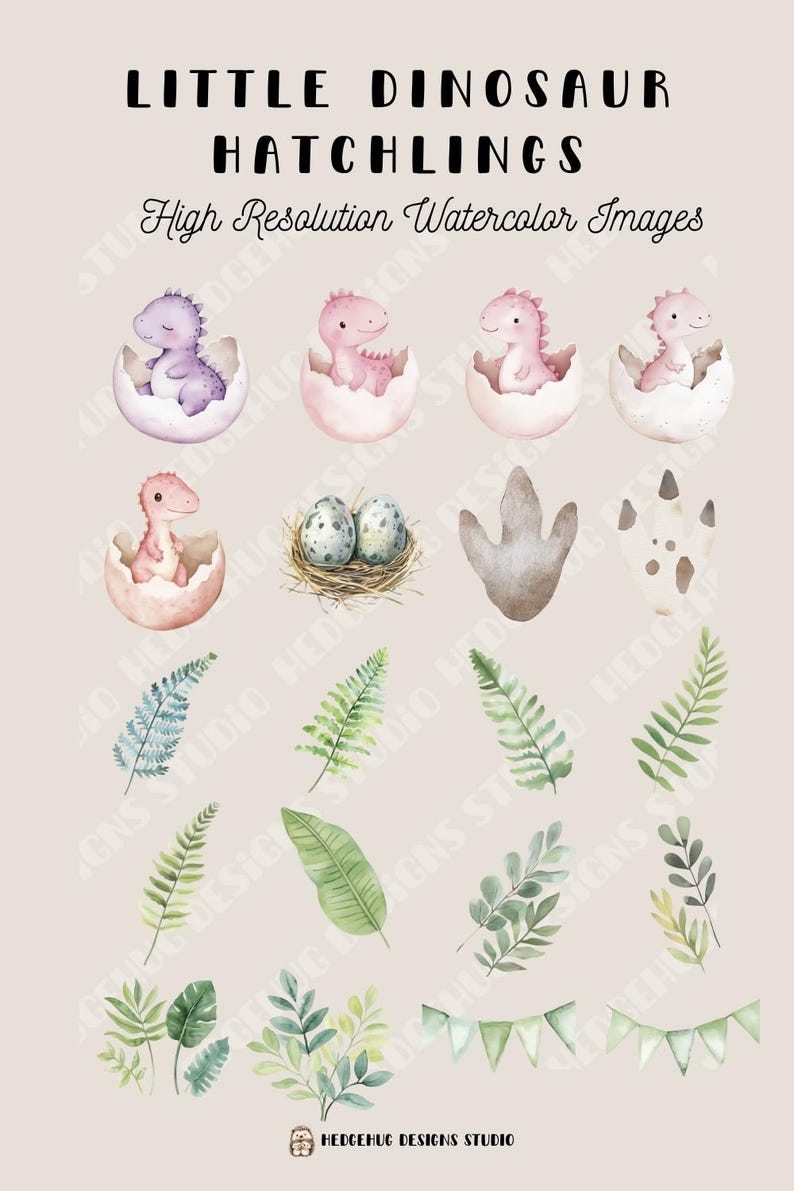 Dinosaur Hatching Soon Clipart Bundle, Watercolor Baby Dino PNG, Cute ...