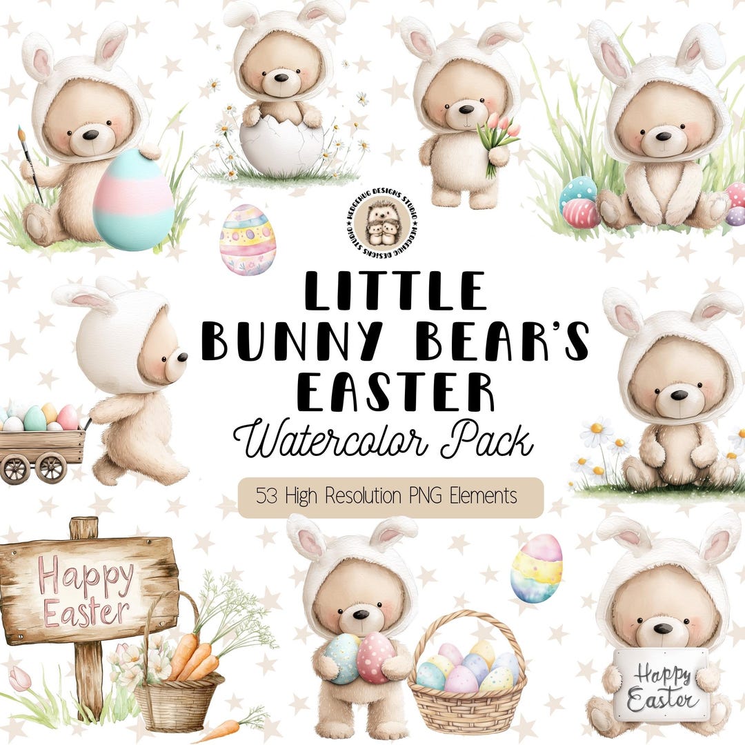Little Bunny Bear Easter Clipart, Watercolor Teddy Bear PNG, Spring ...