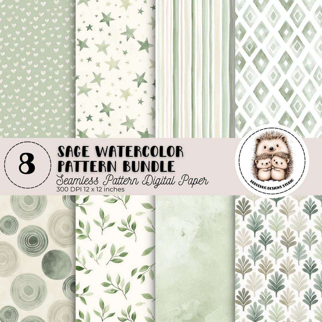 Sage Green Watercolor Digital Paper Bundle | 8 Gender Neutral Seamless ...