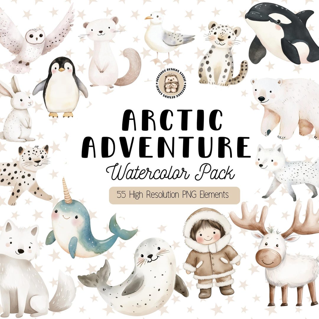 Arctic Animals Watercolor Clipart, Cute Winter Animal PNG, Polar ...