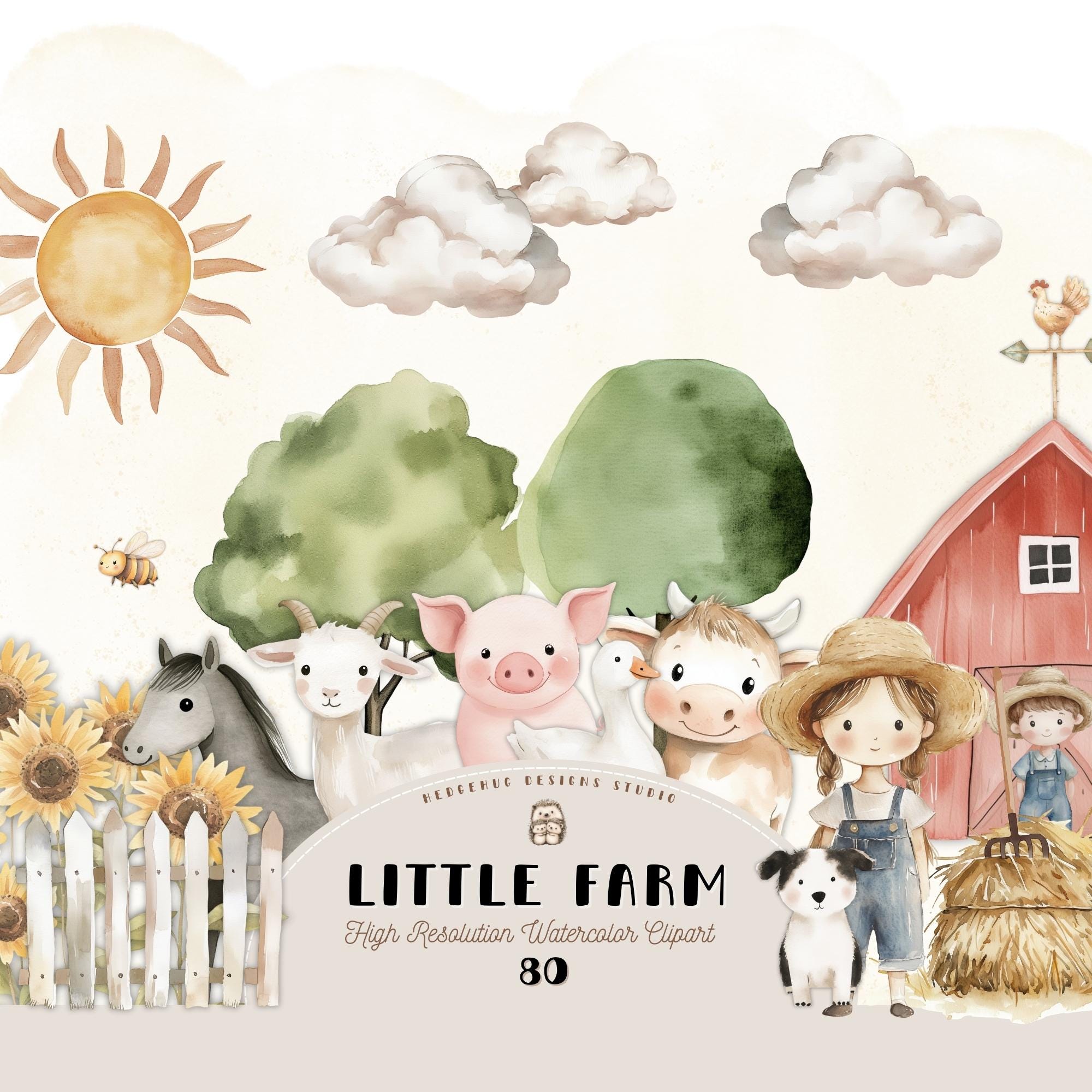 Watercolor Cute Farm Clipart, Farm Animals PNG, Cottage Farm Images ...
