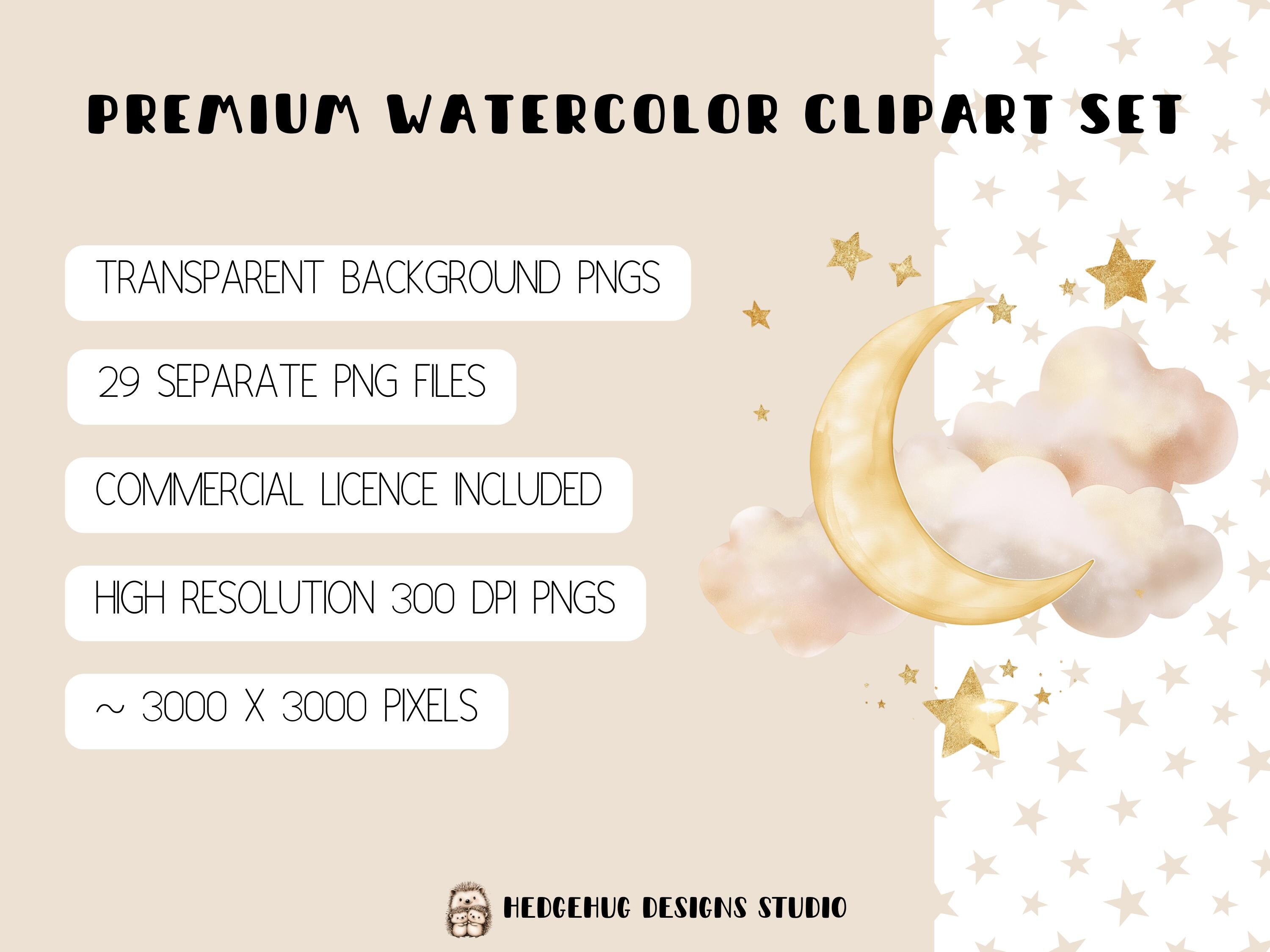 Pastel Watercolor Moon & Stars Clipart, Whimsical Clouds, Celestial ...