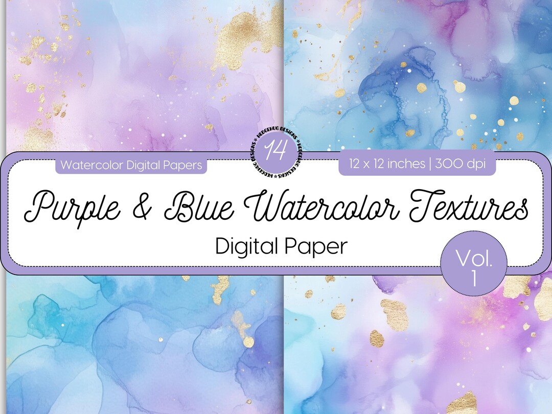 Pastel Blue & Purple Watercolor Digital Paper, Gold Foil Textures ...