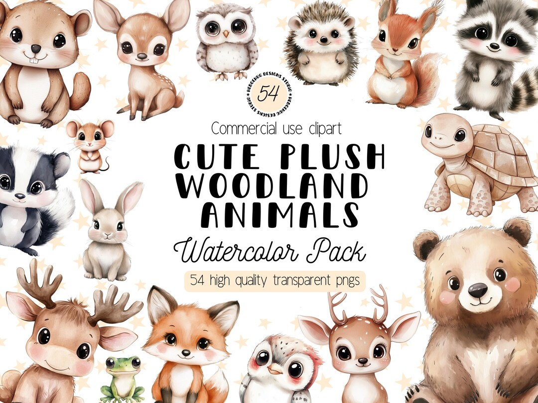 Woodland Animals Watercolor Clipart Pack, cute Plush Forest Animal ...