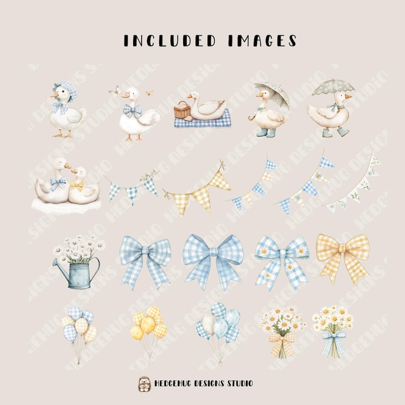 Gingham Goose Garden Clipart, Cute Watercolor Daisy Geese PNG, Blue ...