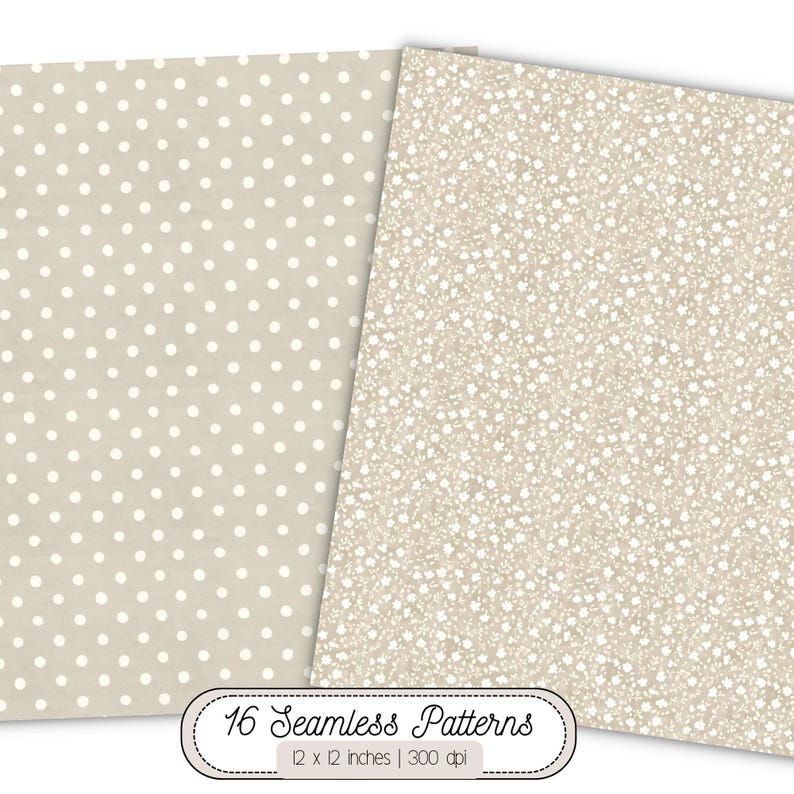 Neutral Cottagecore Digital Paper Pack: Gingham, Floral, Dots, Stripes ...