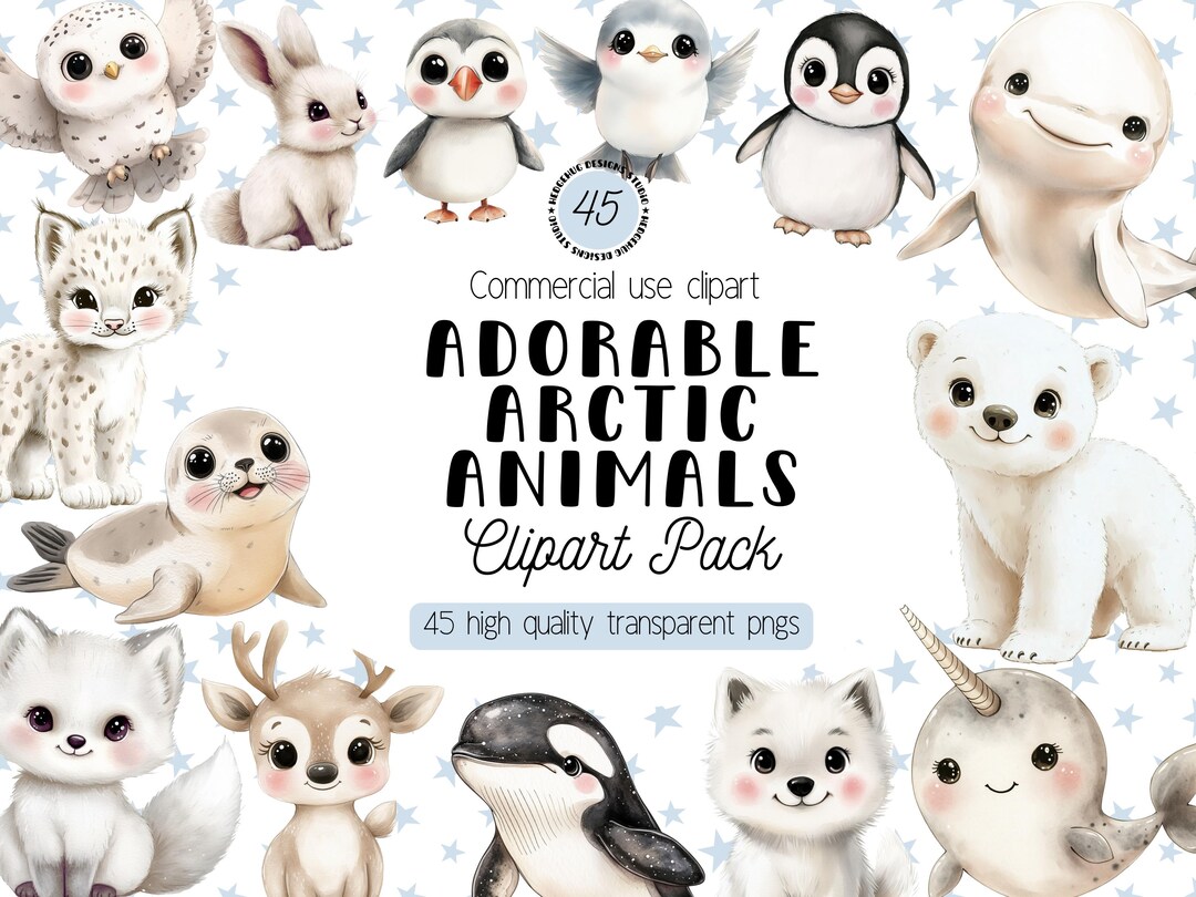 Arctic Animals Watercolor Clipart Pack Cute Polar Wildlife Digital Art ...