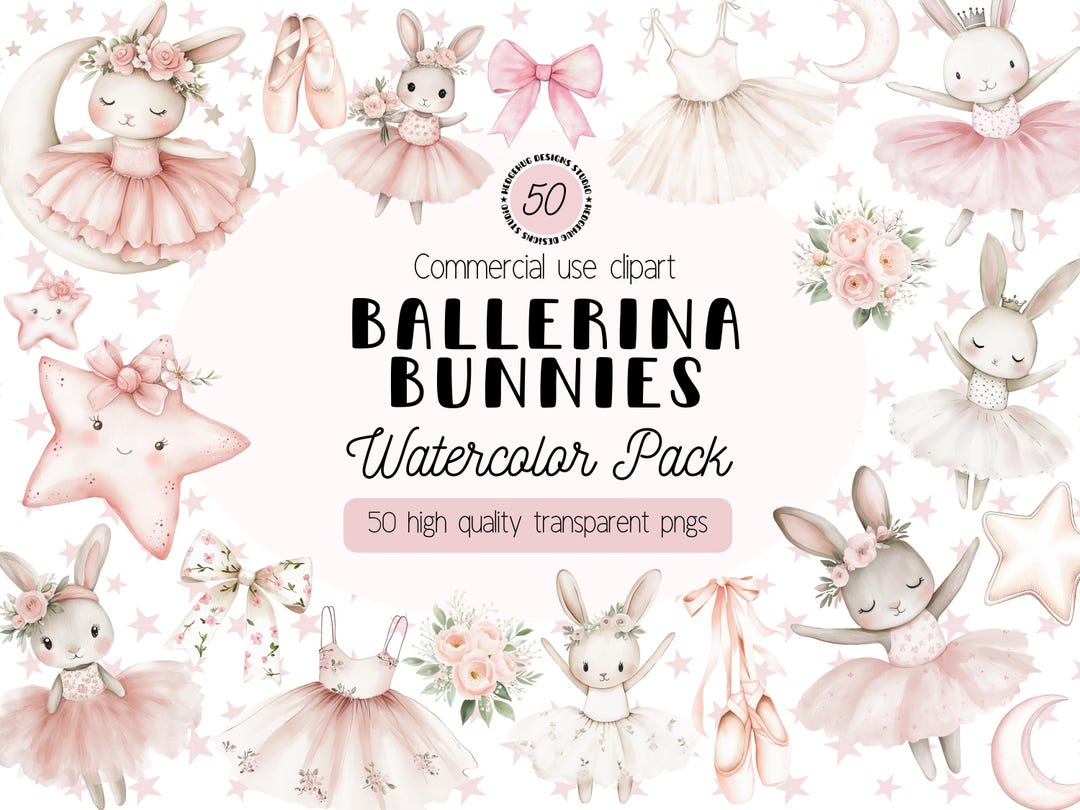 Ballerina Bunnies Watercolor Clipart: Ballet Rabbit PNG Set (digital ...
