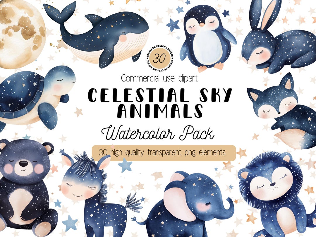 Celestial Sky Animals Watercolor Clipart, Starry Night Animal PNG, Cute ...