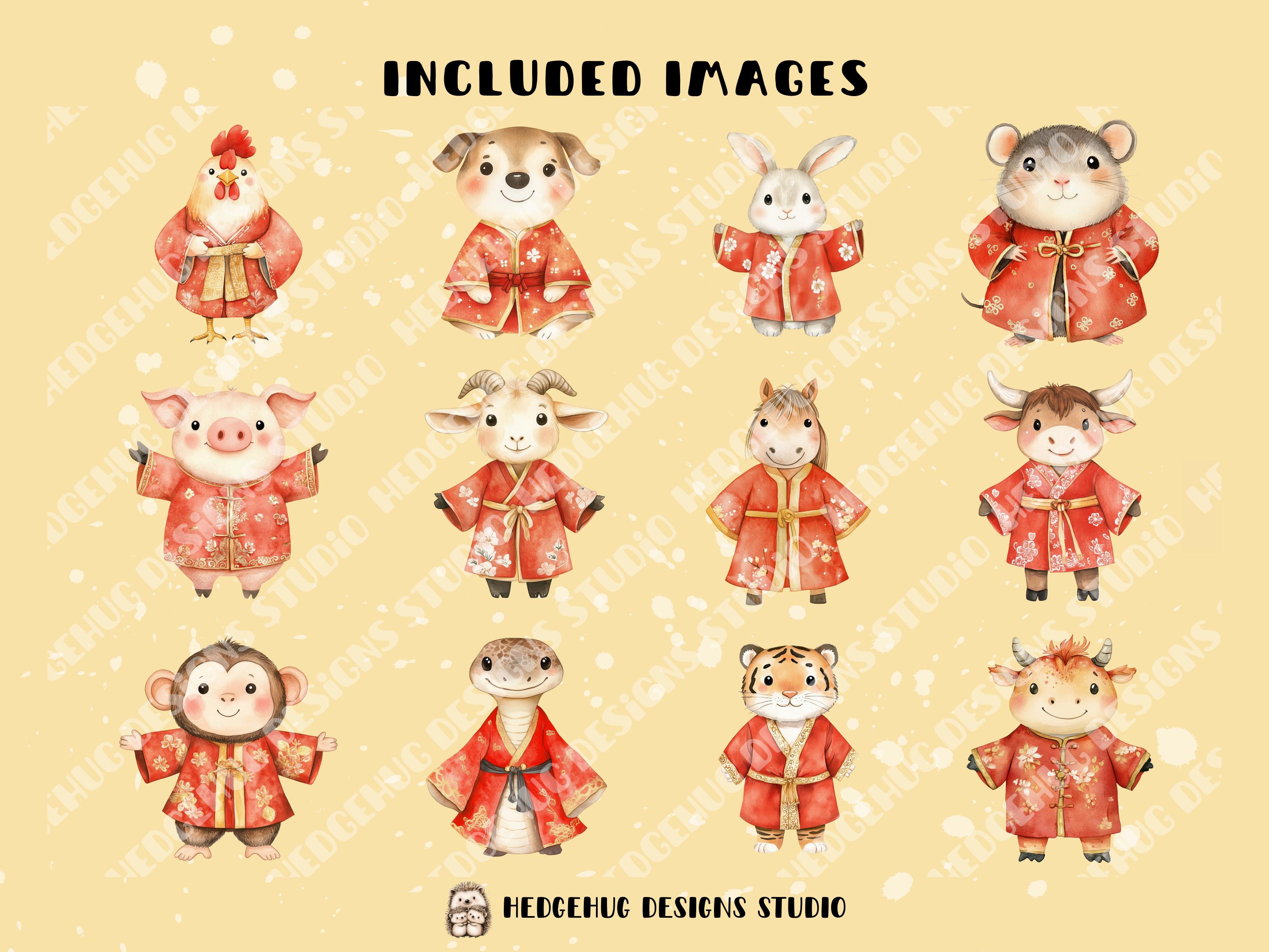 Chinese Zodiac Animals Clipart: Watercolor Tang Suits Digital Art ...
