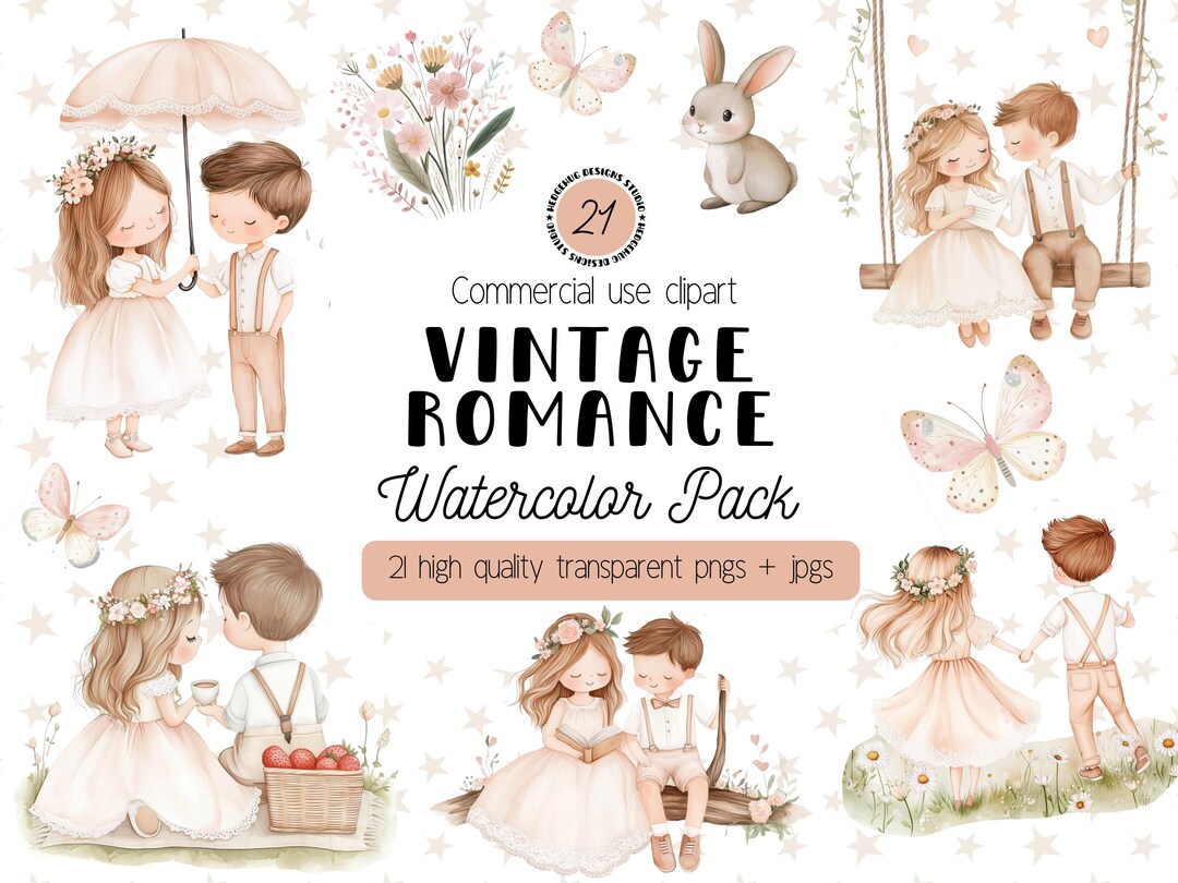 Vintage Romance Clipart Pack, Watercolor Romantic Countryside Couple ...